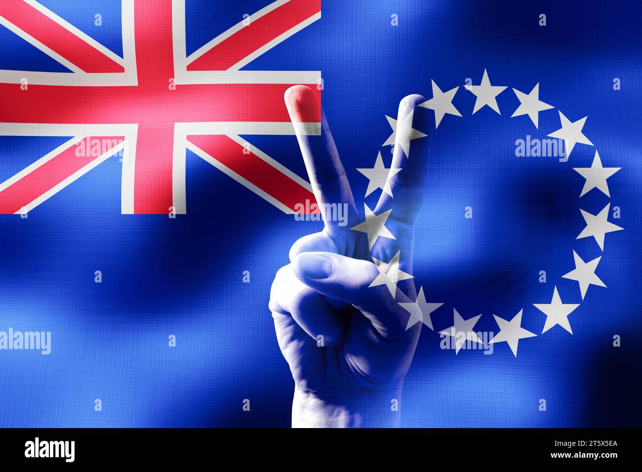 Cook Islands - two fingers showing peace sign and national flag Stock ...