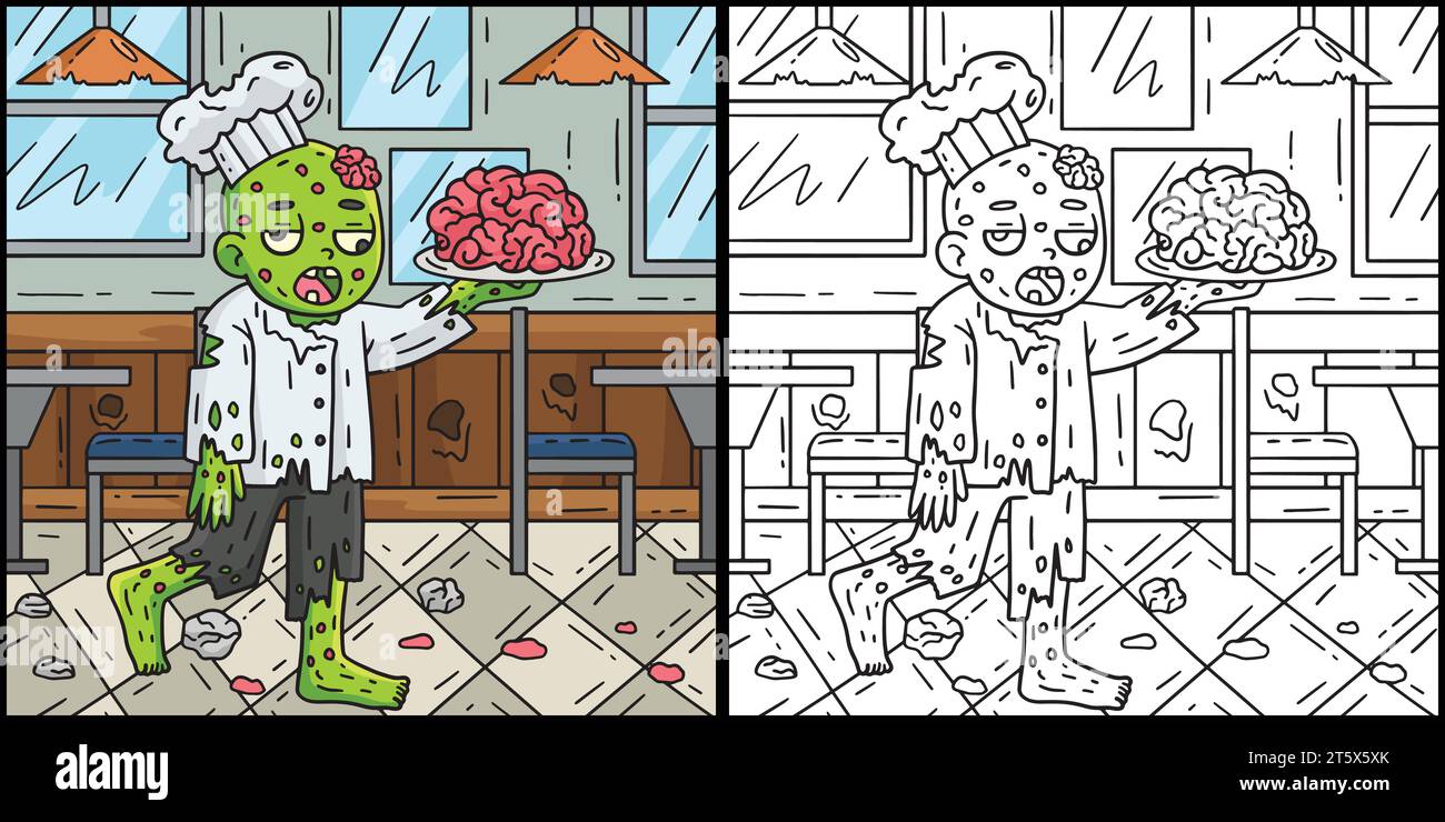 Zombie Holding Brains Plate Coloring Illustration Stock Vector Image ...