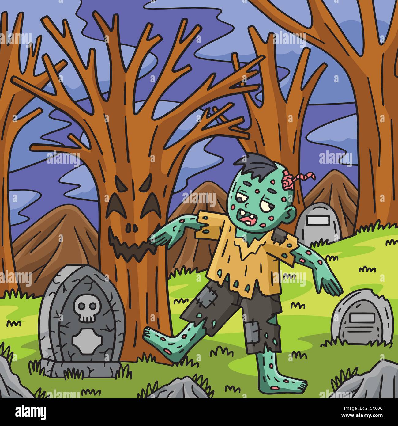 Zombie under the Spooky Tree Colored Cartoon Stock Vector Image & Art ...