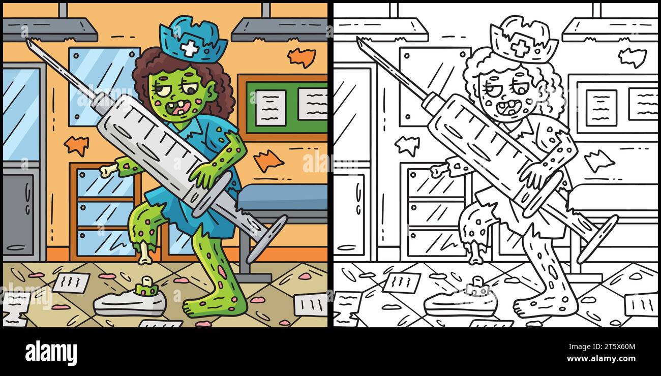 Zombie Nurse with a Syringe Coloring Illustration Stock Vector Image ...