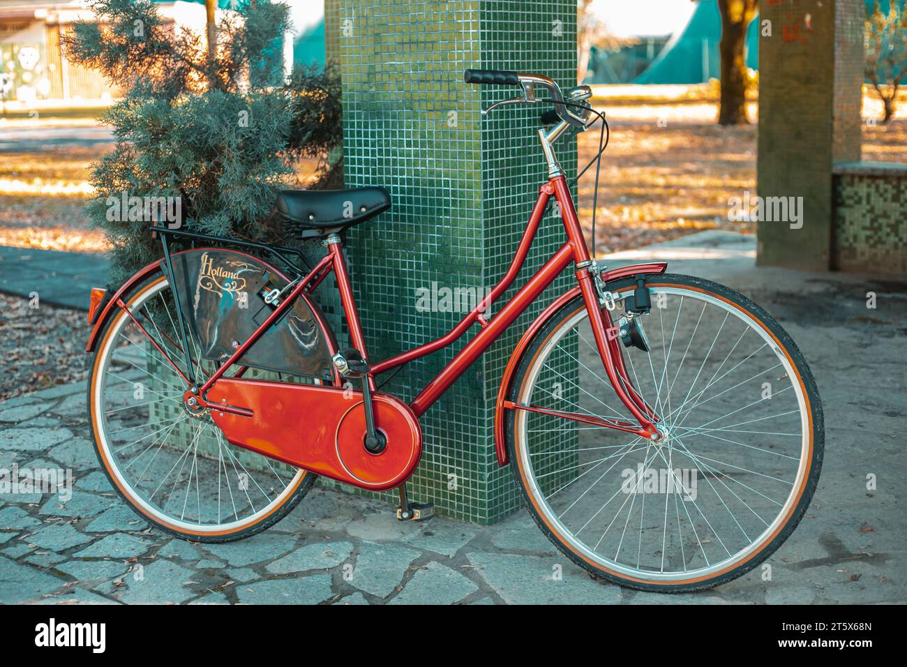 Red classic women's bicycle on the street. Old charming bicycle concept ...