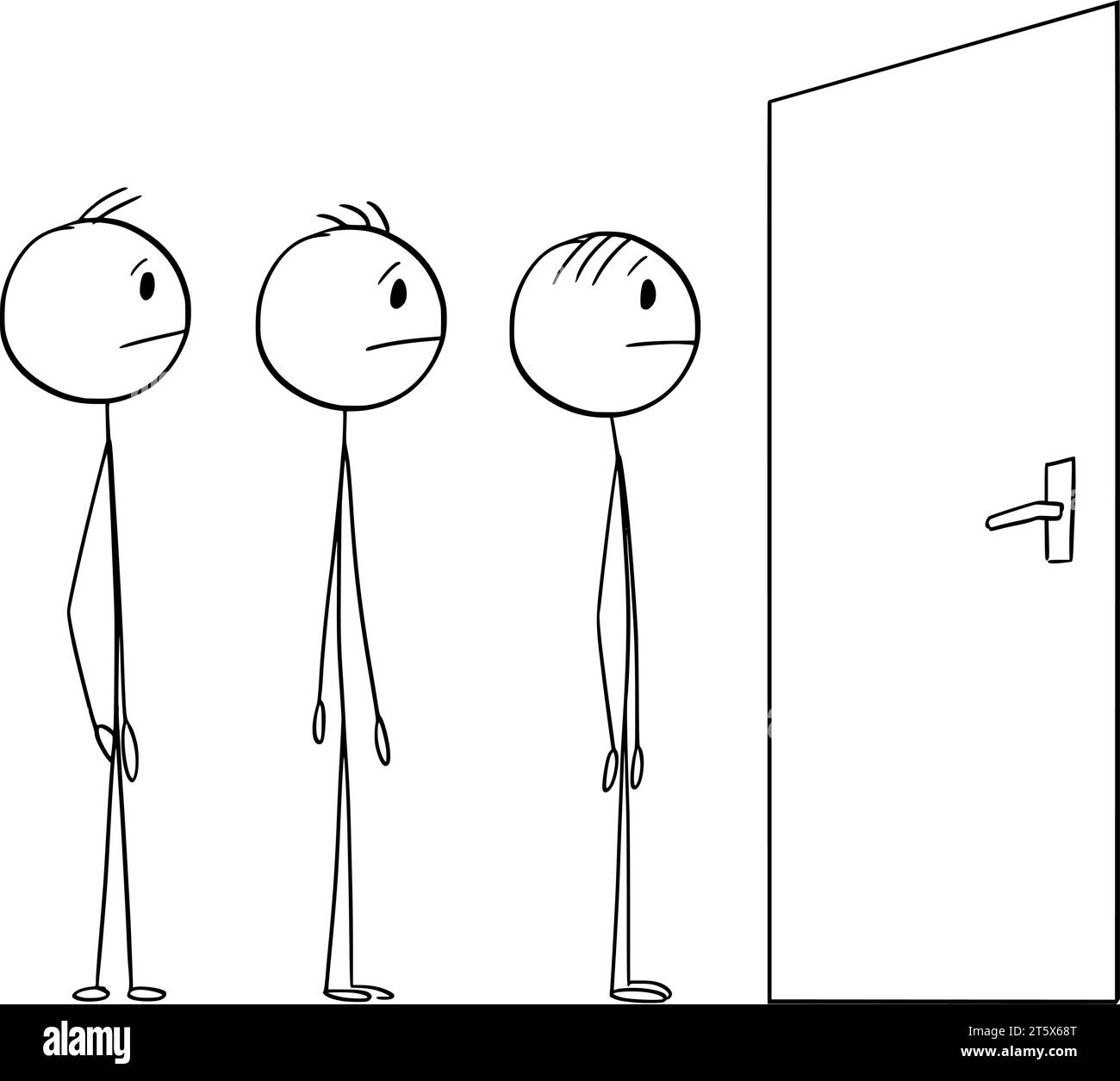 People Waiting in Front of Closed Door, Vector Cartoon Stick Figure ...