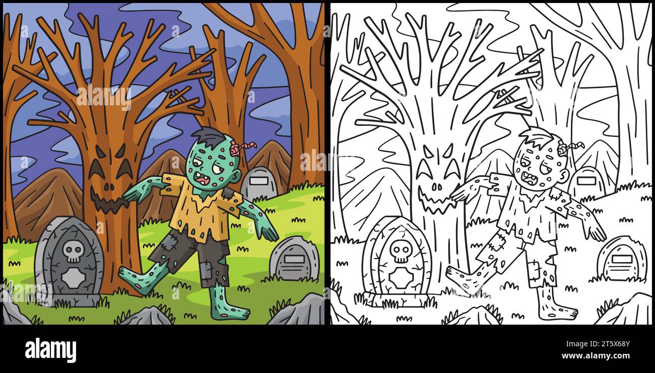 Zombie under a Spooky Tree Coloring Illustration Stock Vector Image ...