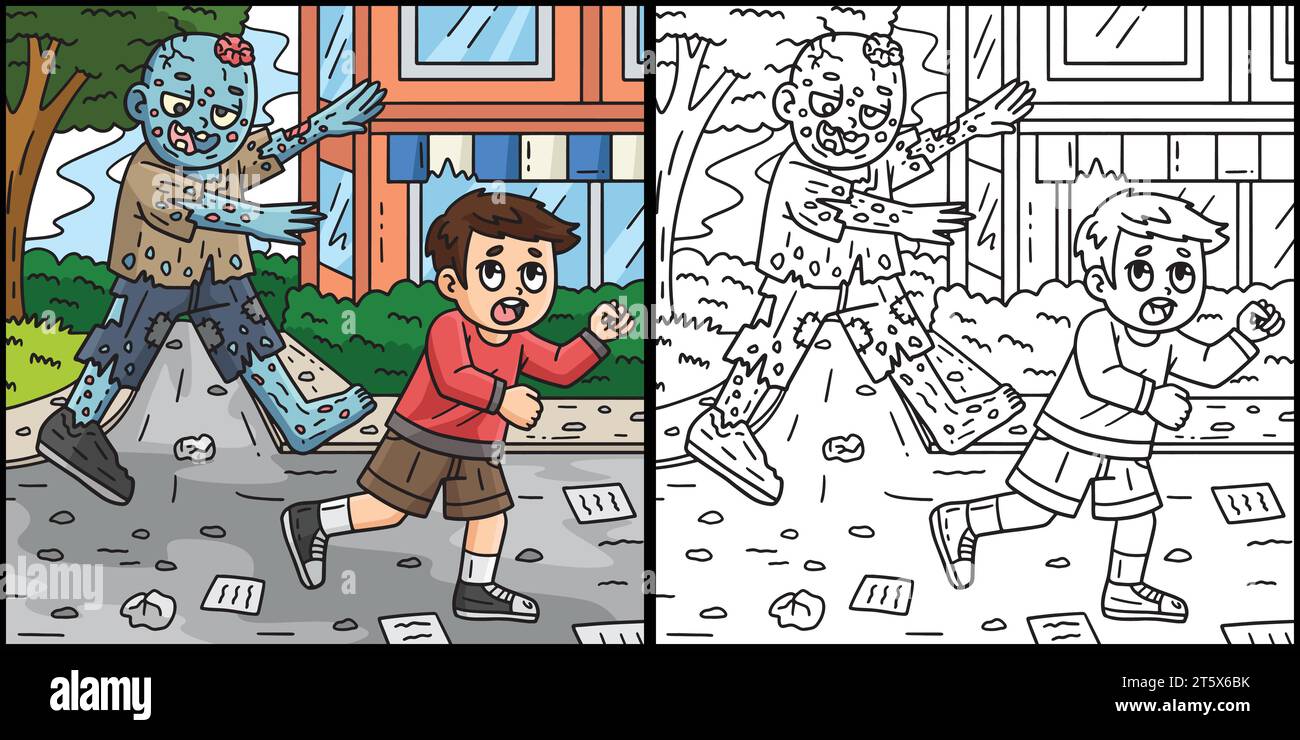 Zombie Chasing A Child Coloring Page Illustration Stock Vector Image ...