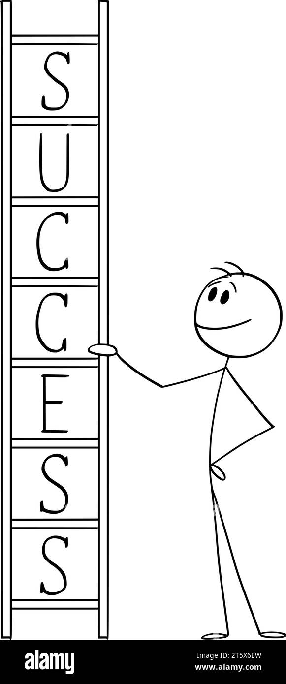 Person and Ladder of Success, Vector Cartoon Stick Figure Illustration ...