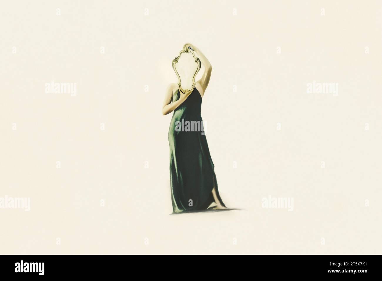illustration of a surreal woman with a mirror in front of her face ...