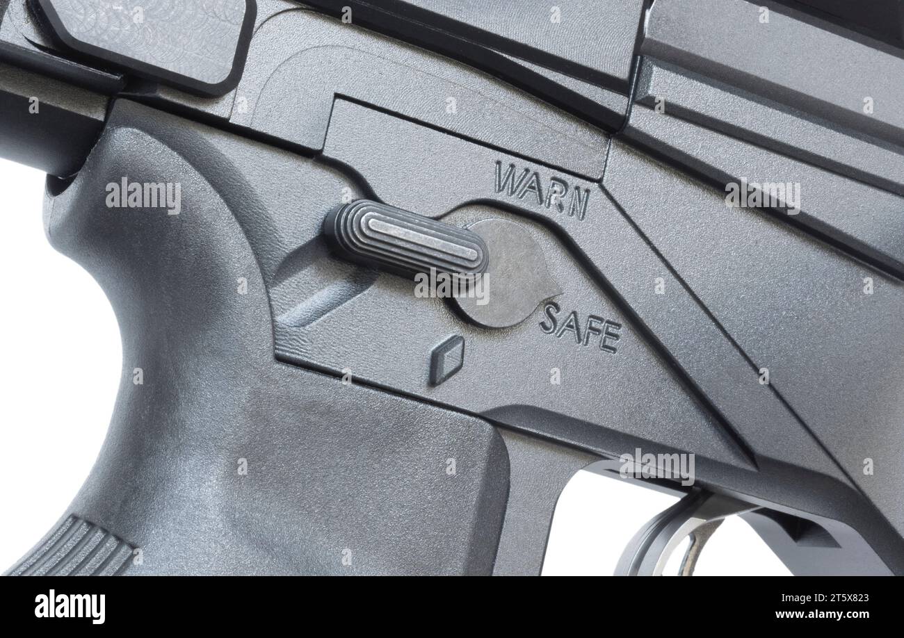Modern rifle with warning and safe positions on its safety selector ...