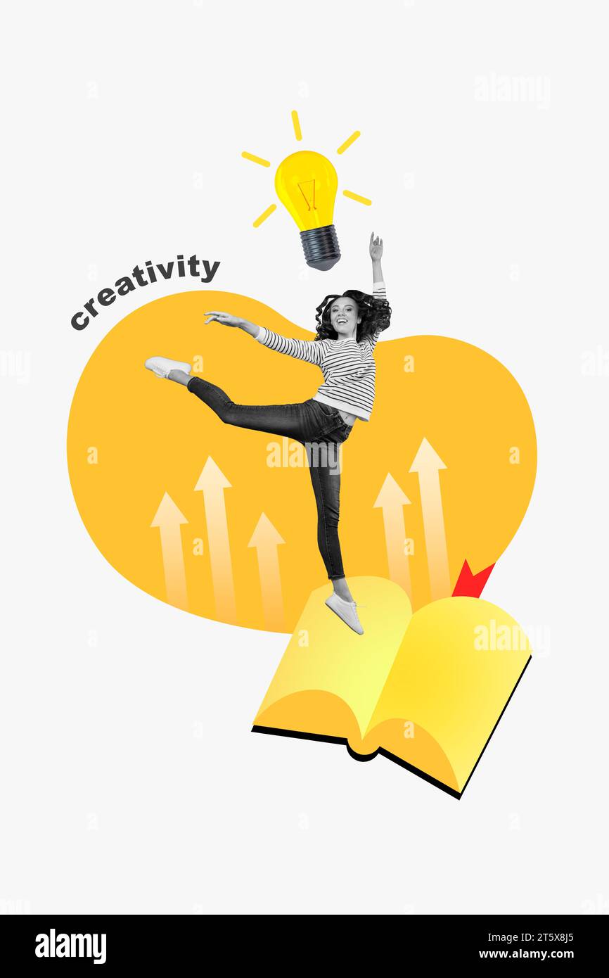 Vertical collage image of excited mini black white effect girl jump big ...