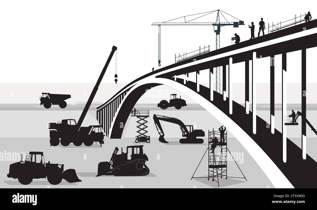 Bridge construction site with wheel loader and crane Stock Vector Image ...