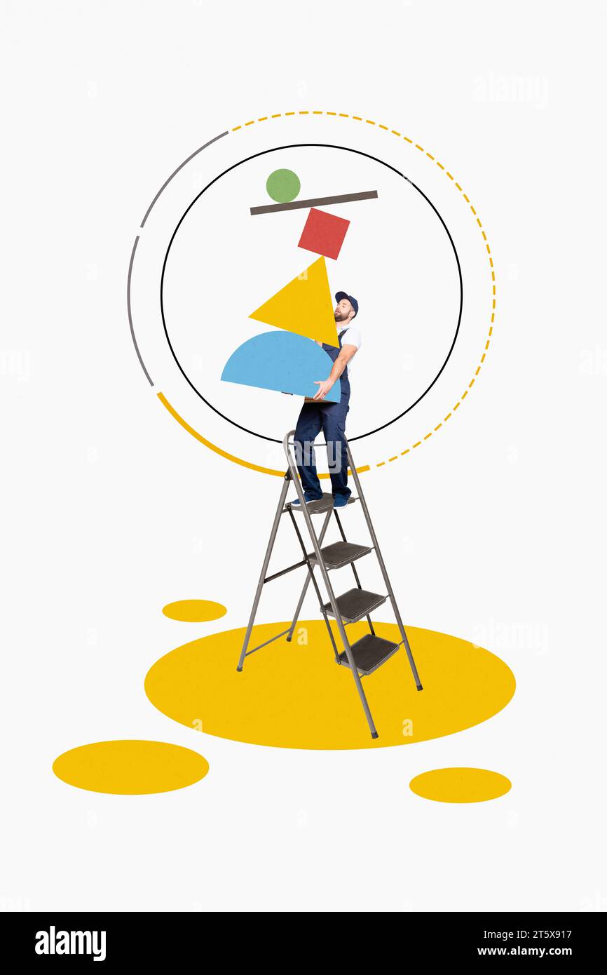 Vertical collage image of mini delivery man climb ladder hold balancing ...