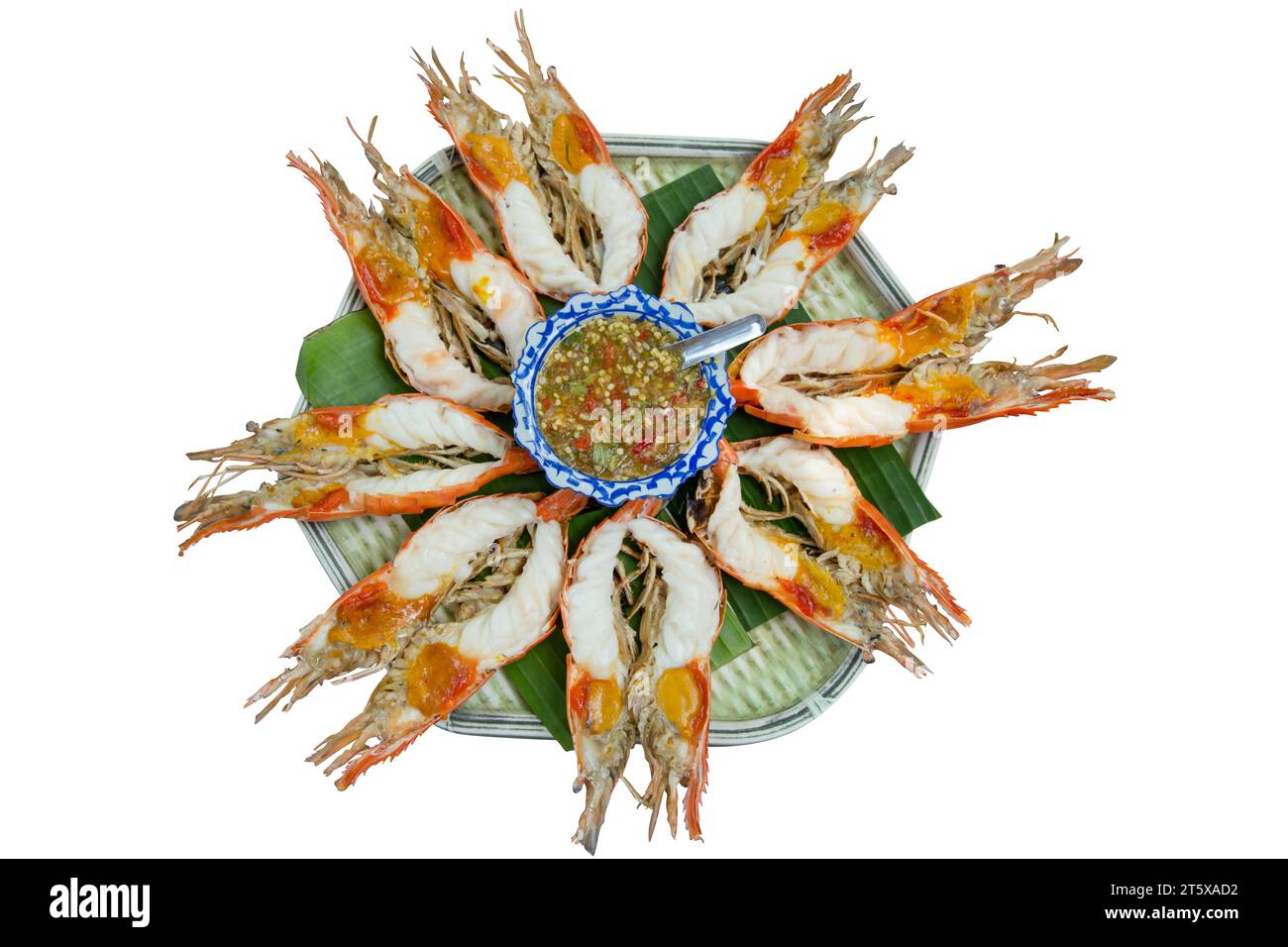 Die cut of Prawns, Grilled river shrimp or Thai shrimp on banana leaf ...