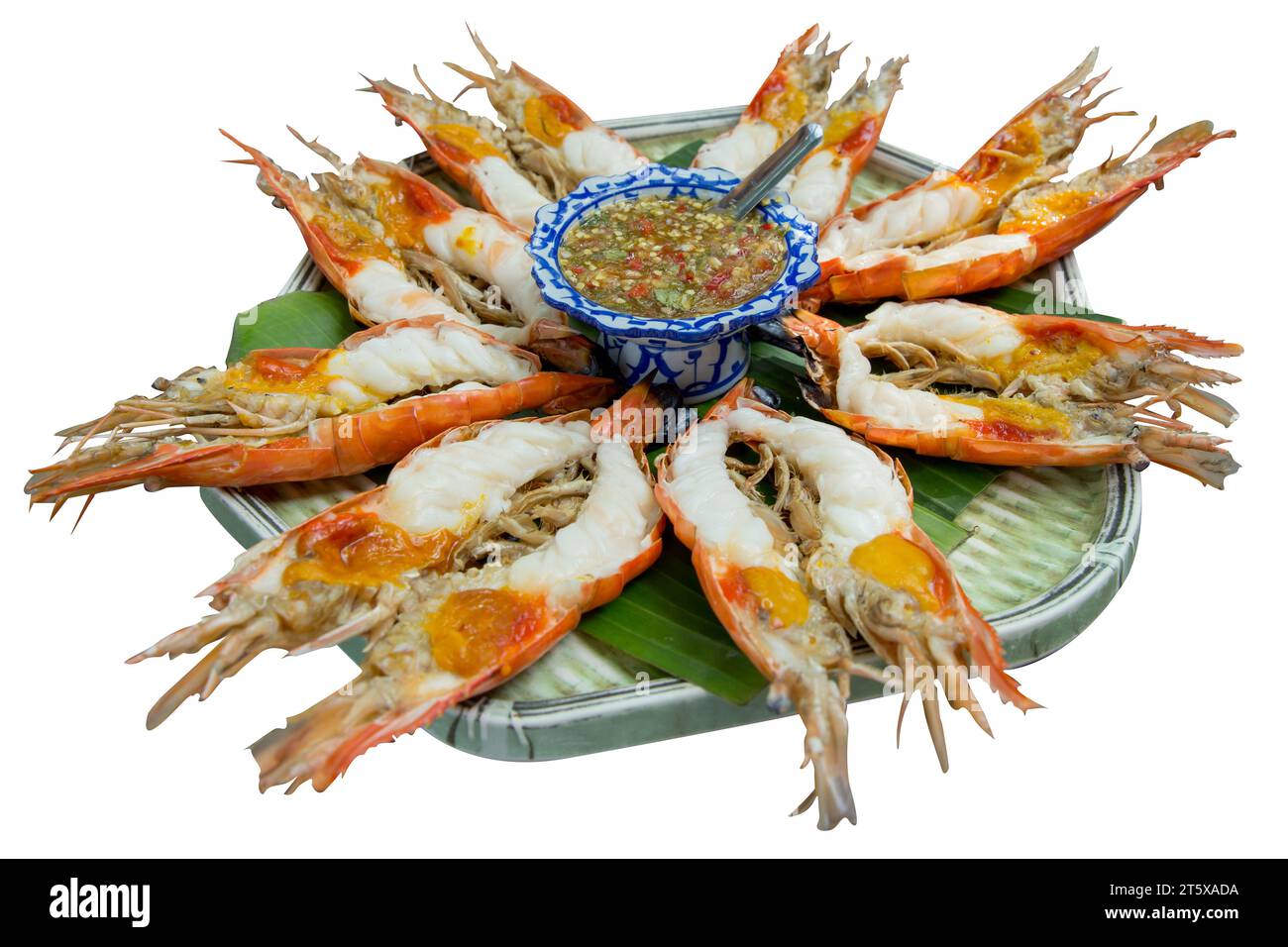 Die cut of Prawns, Grilled river shrimp or Thai shrimp on banana leaf ...