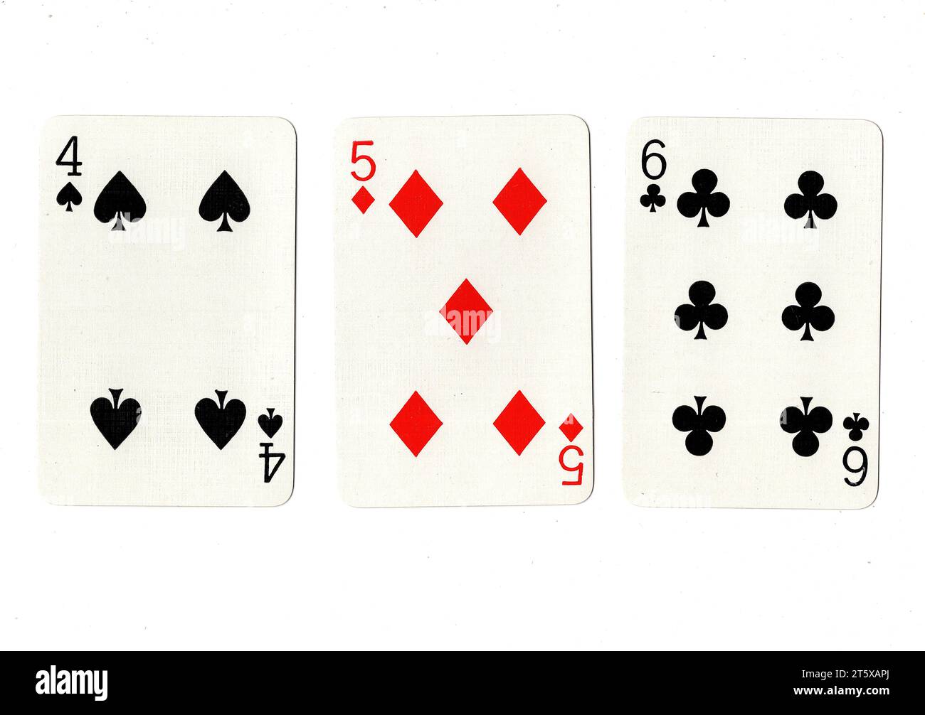 A selection of three vintage playing cards showing a run of four, five ...