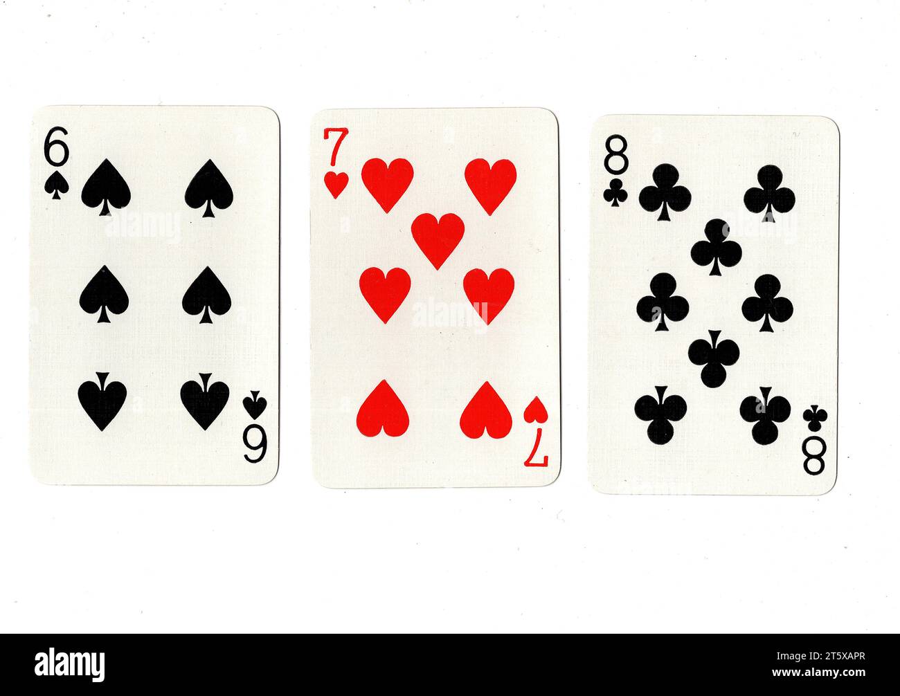 A selection of three vintage playing cards showing a run of six, seven ...