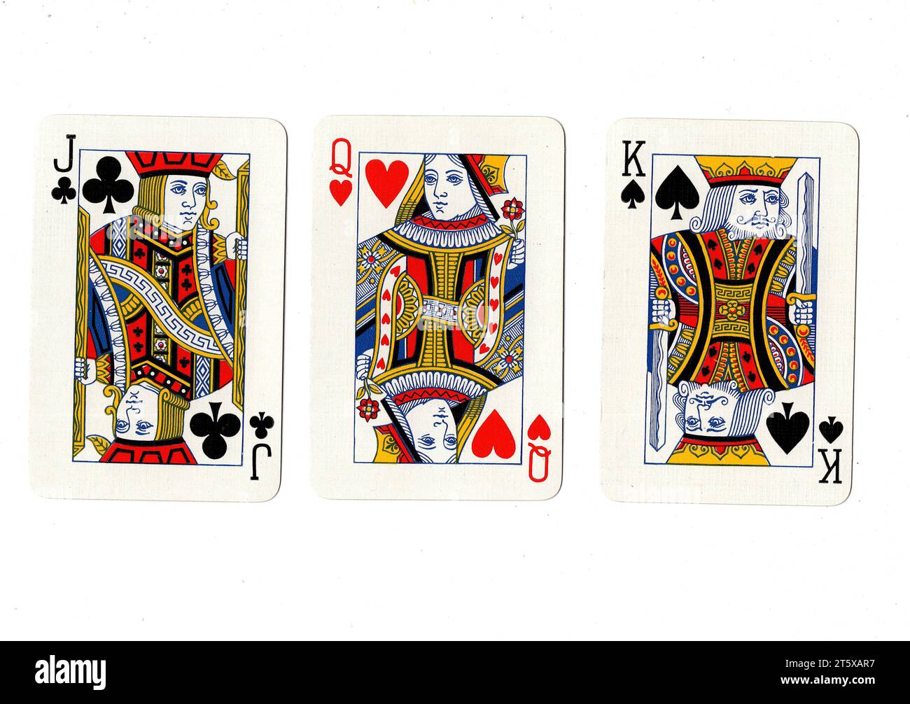 A selection of three vintage playing cards showing a run of jack, queen and king in mixed suits ...