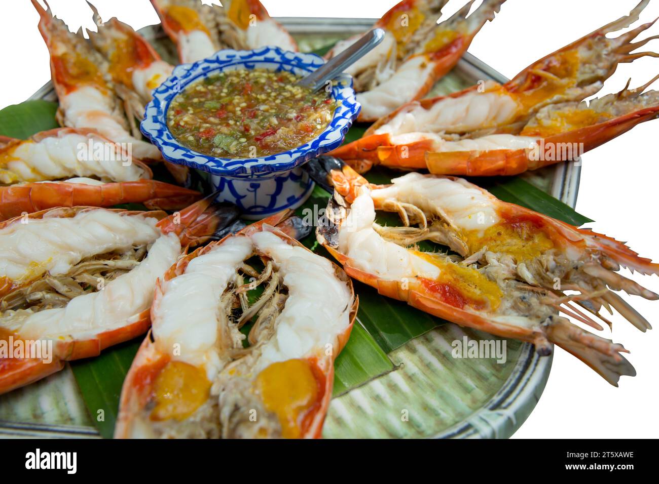 Die cut of Prawns, Grilled river shrimp or Thai shrimp on banana leaf ...