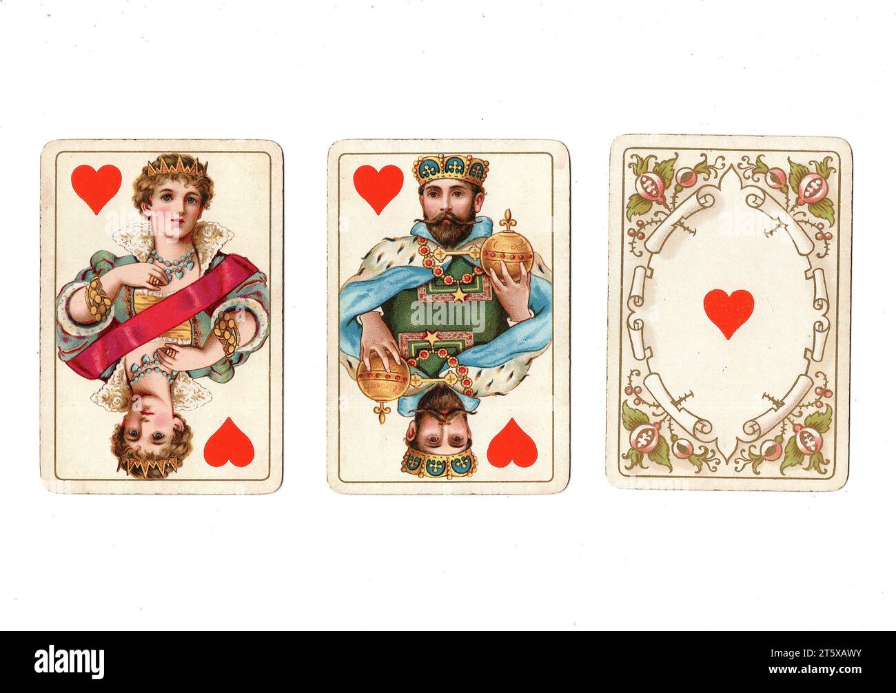 Three antique playing cards showing a queen, king and ace of hearts on ...