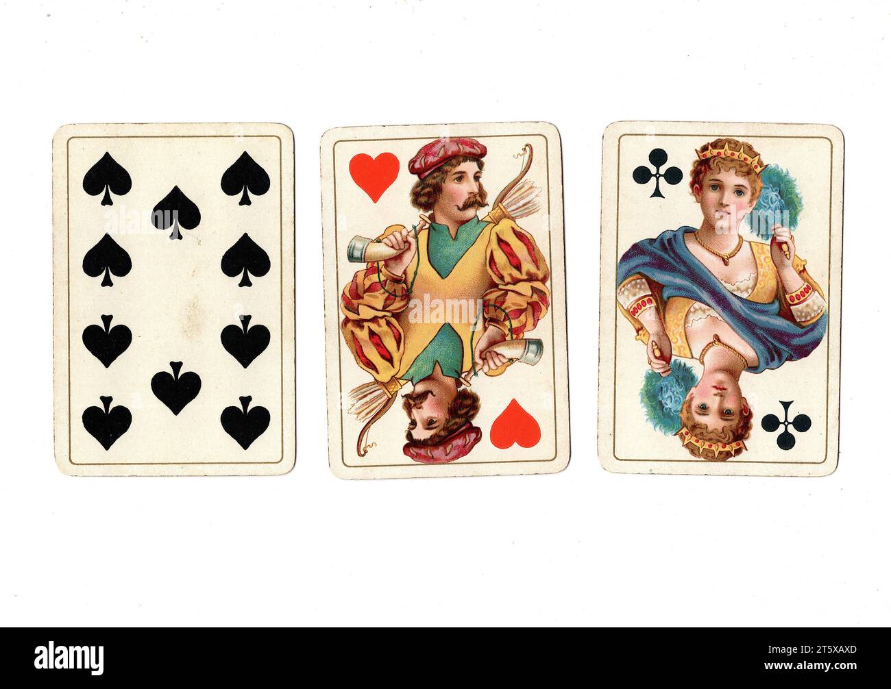 Three antique playing cards showing a ten, jack and queen in mixed ...
