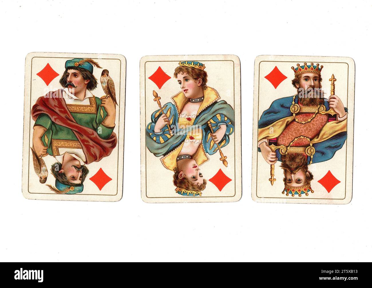 Three antique playing cards showing a jack, queen and king of diamonds ...