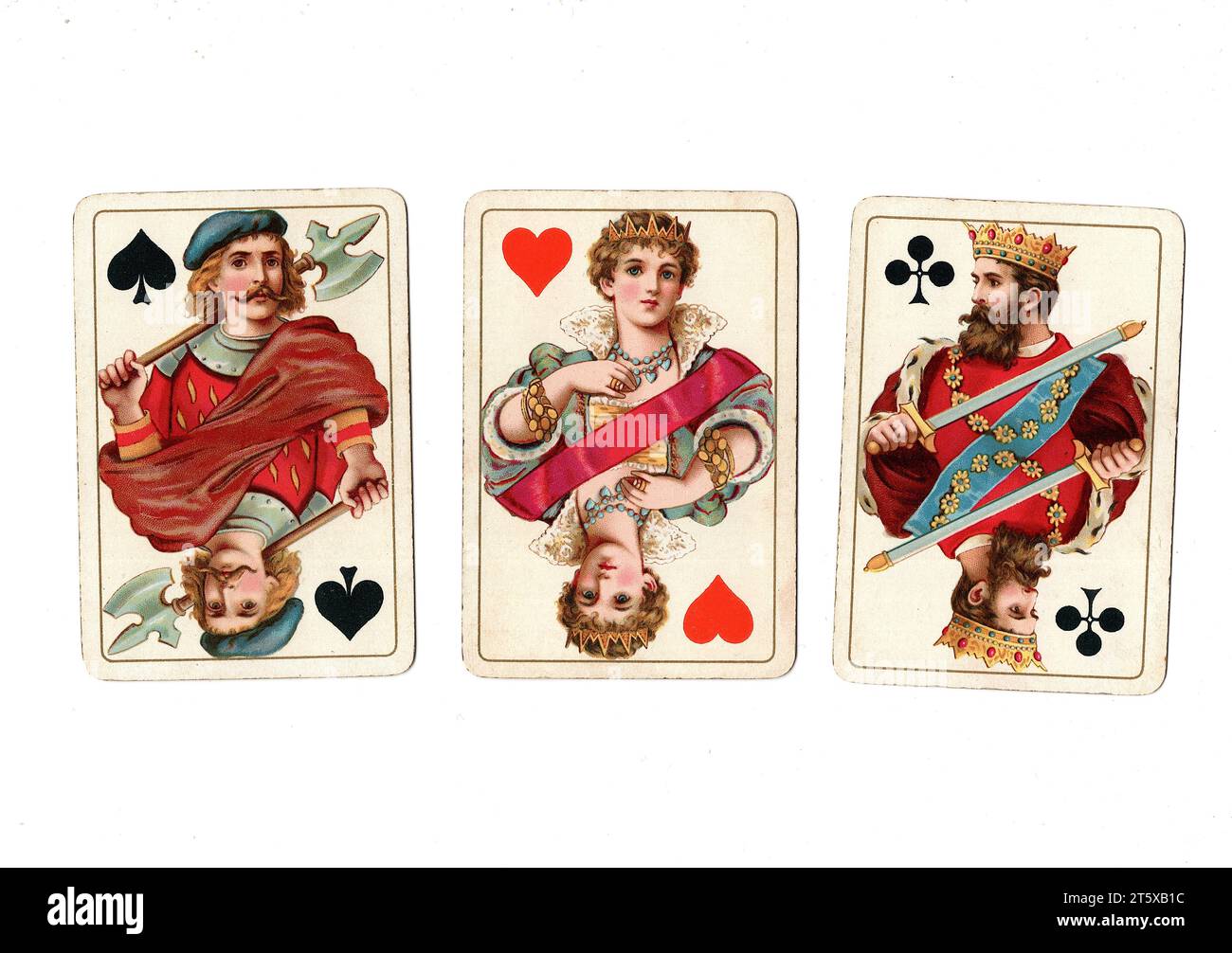 Three antique playing cards showing a jack, queen and king in mixed ...