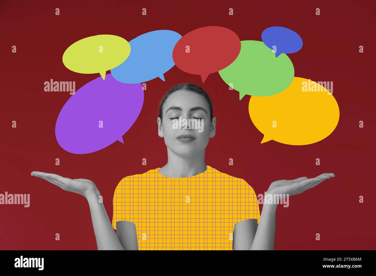 Calm young woman and many blank speech bubbles on red background. Zen ...