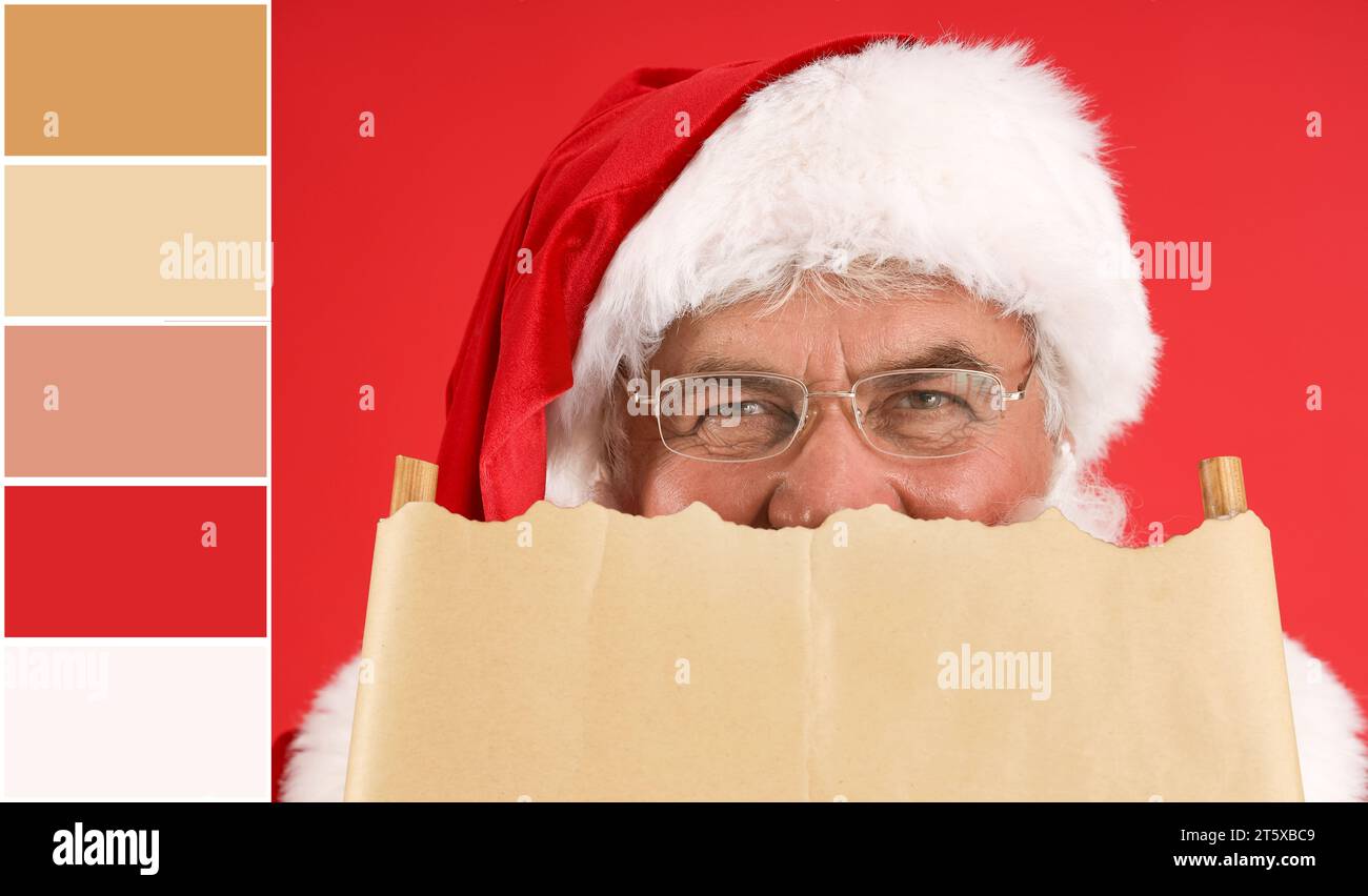 Santa Claus with wish letter on red background. Different color ...
