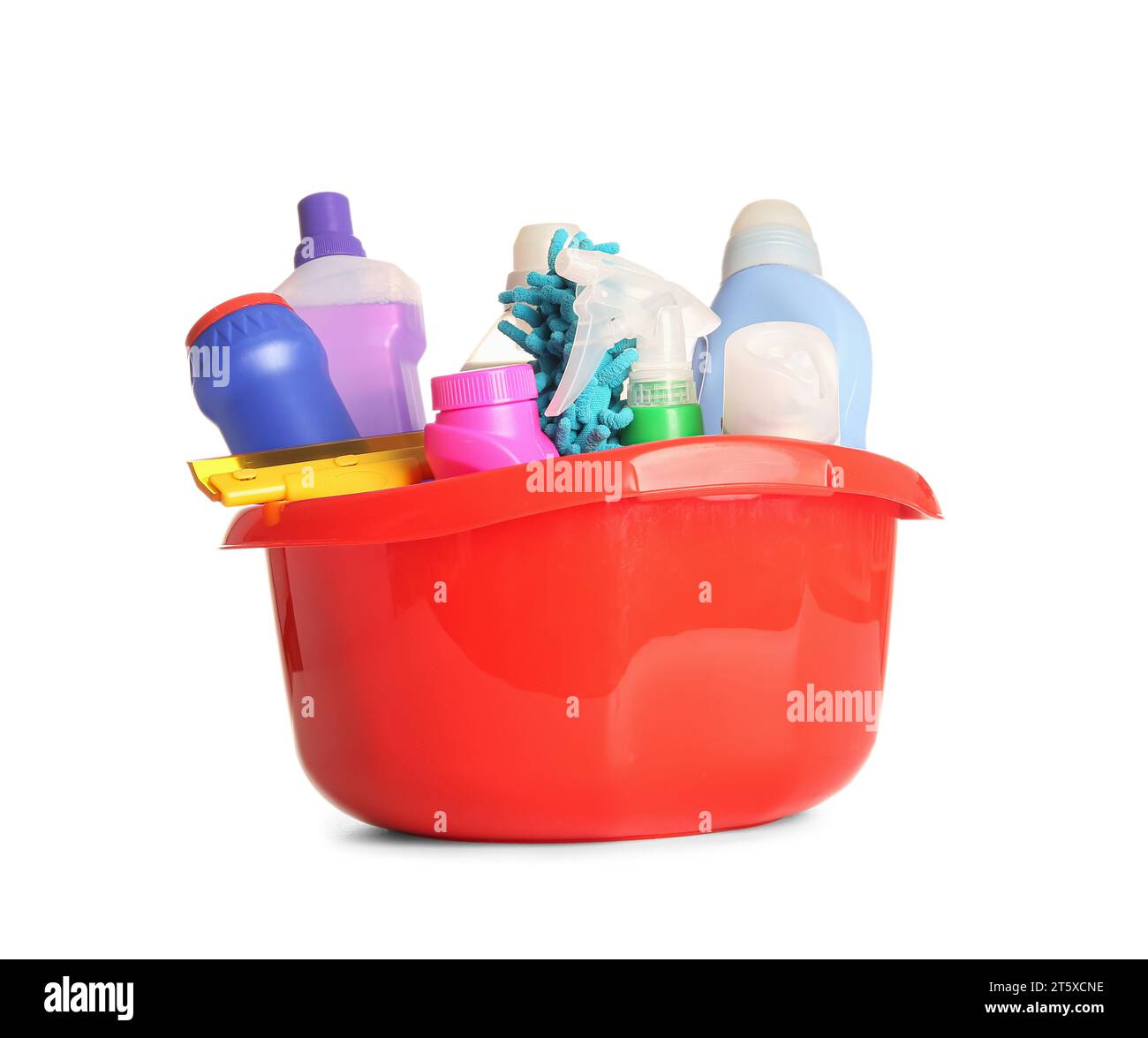 Bowl with cleaning products on white background Stock Photo - Alamy