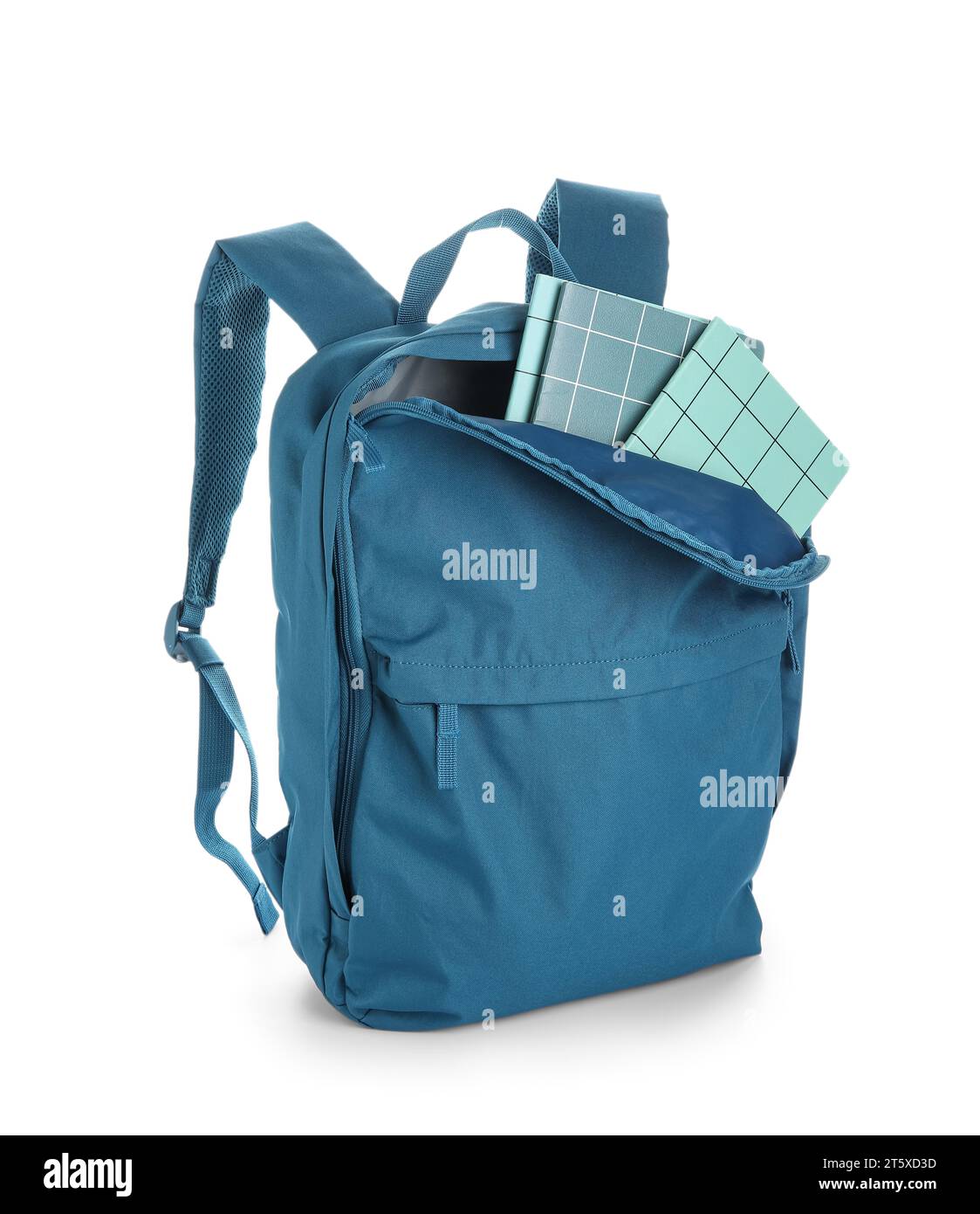 Stylish blue school backpack with notebooks on white background Stock ...