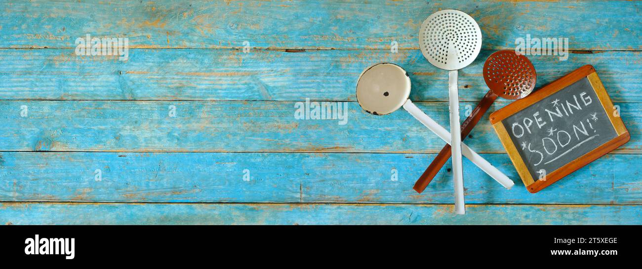 Restaurant opening soon with vintage kitchen utensils and message on ...