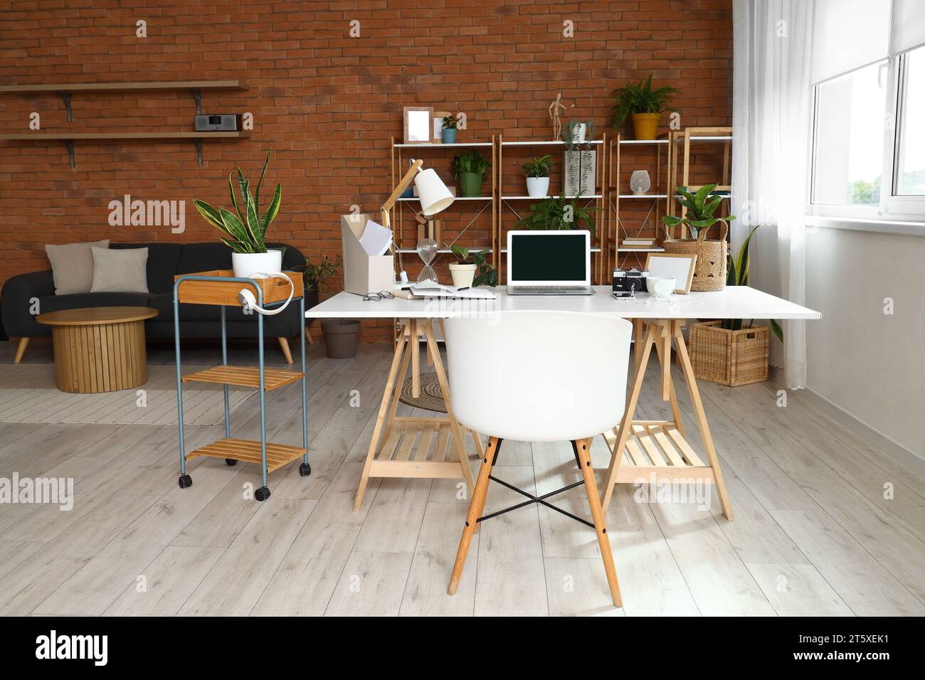 Interior of home office with workplace and shelf unit Stock Photo - Alamy