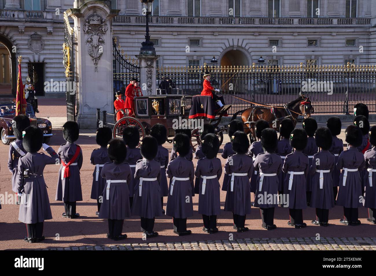 The ceremonial mace departs Buckingham Palace, London, ahead of the ...