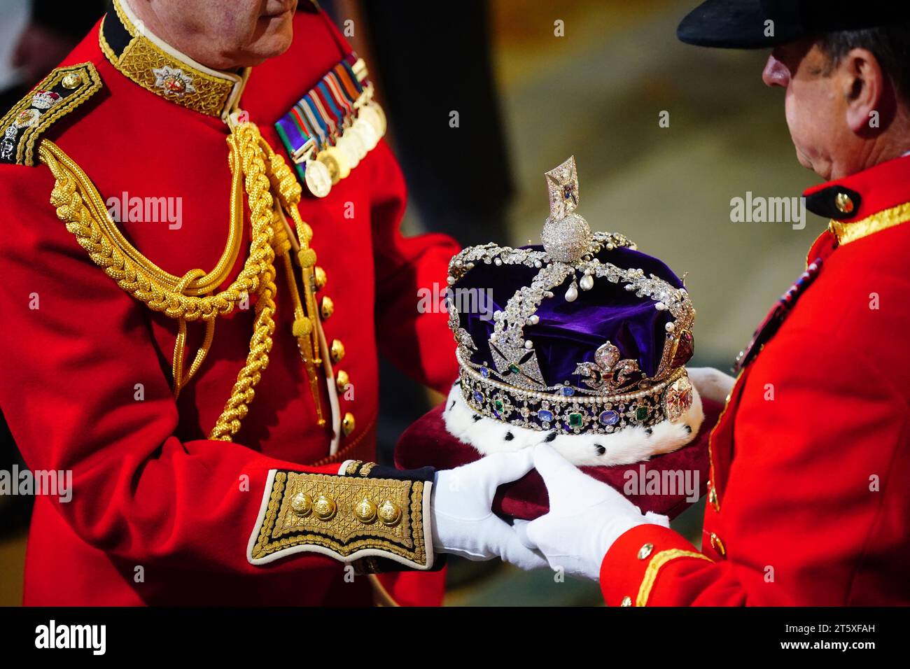 The Imperial State Crown arrives at the Sovereign's Entrance to the ...