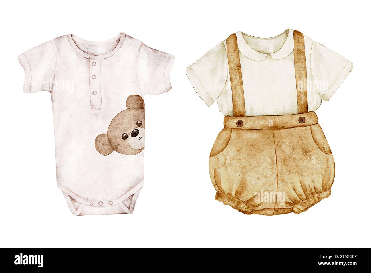 Set of hand-drawn watercolor illustrations with cute children's clothes ...