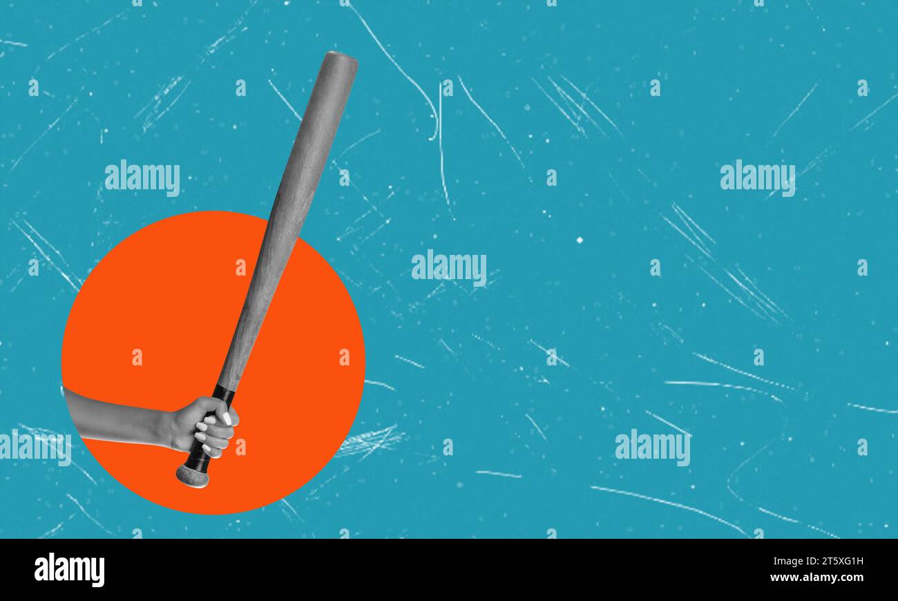 A contemporary artistic collage featuring a hand with a baseball bat ...