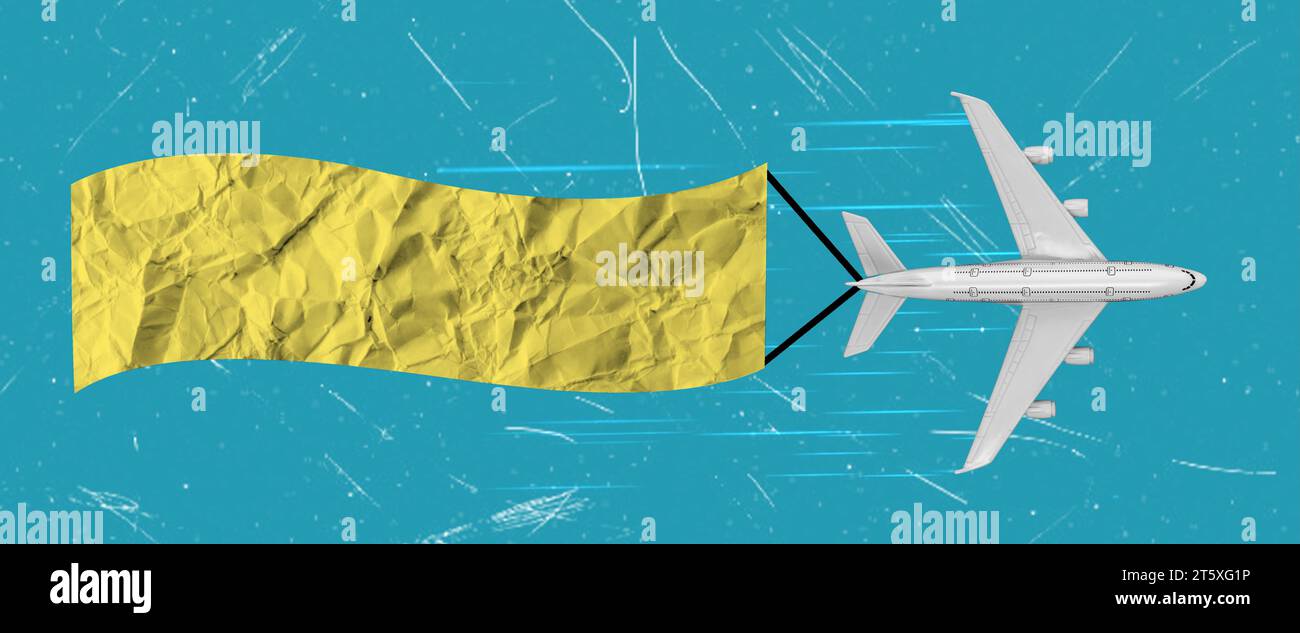 A contemporary artistic collage depicting a flying airplane and ...