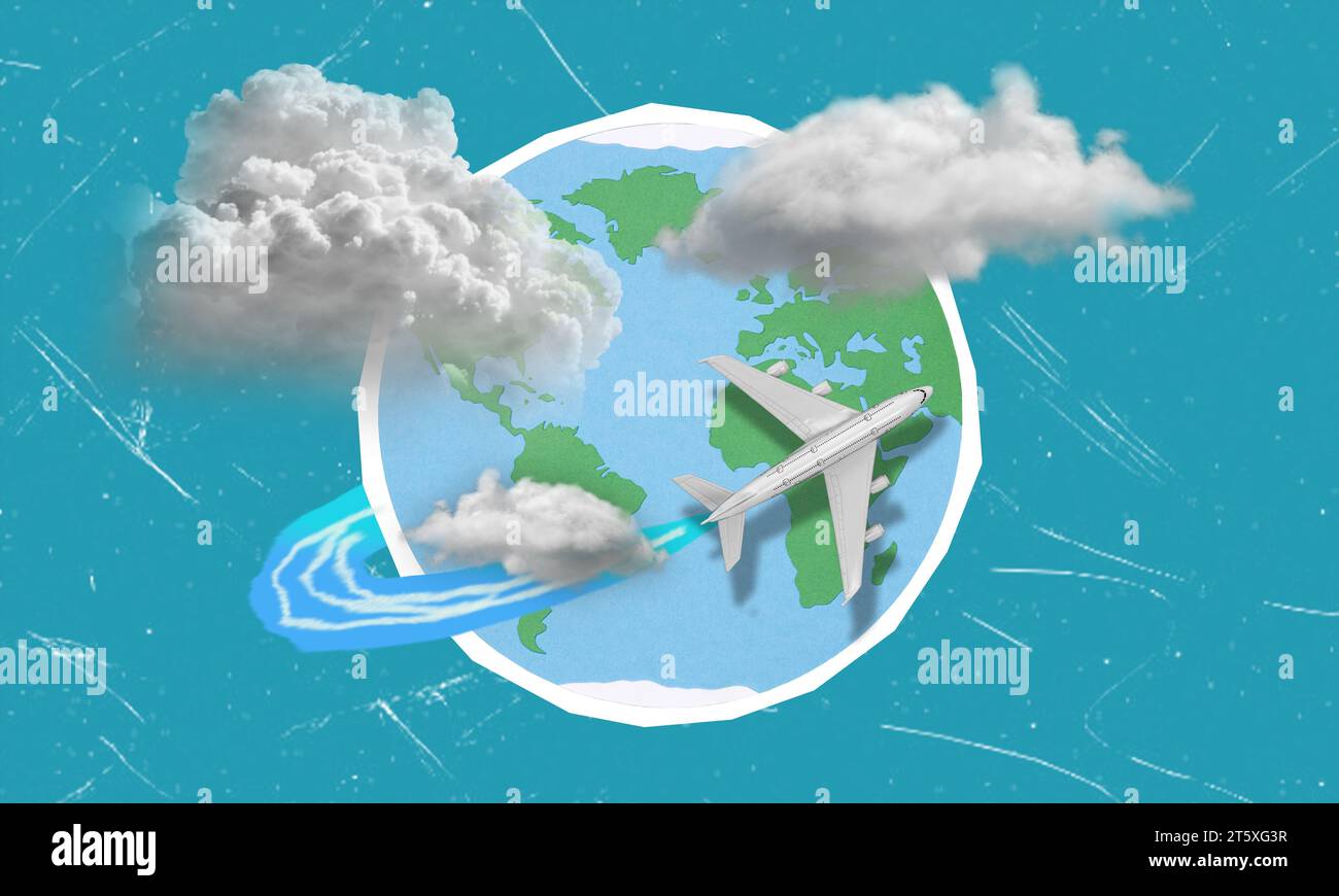 A contemporary artistic collage depicting an airplane flying around the ...