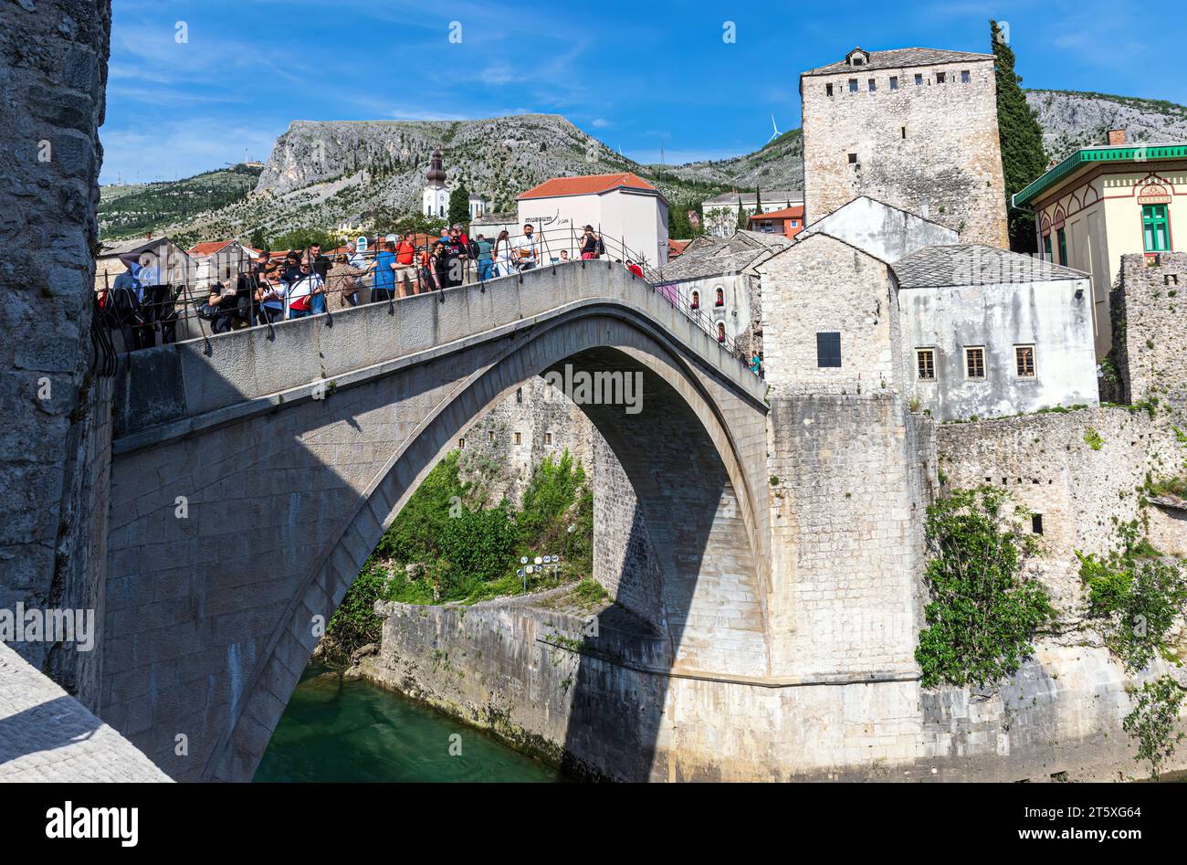 The Old Bridge in Mostar with emerald river Neretva. Bosnia and ...