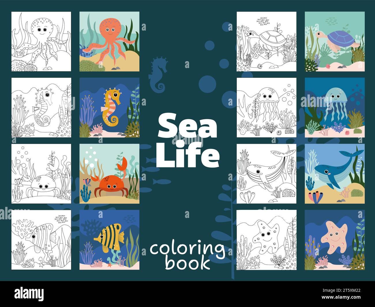 Sea life coloring book. Children book coloring pages. Colorful ...