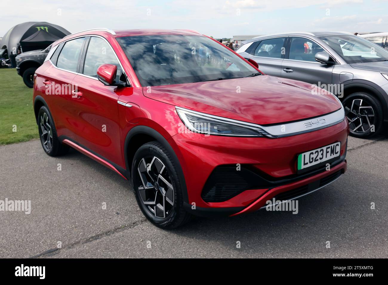 Three-quarter front view of a Red, 2023, BYD Atto 3, battery electric ...