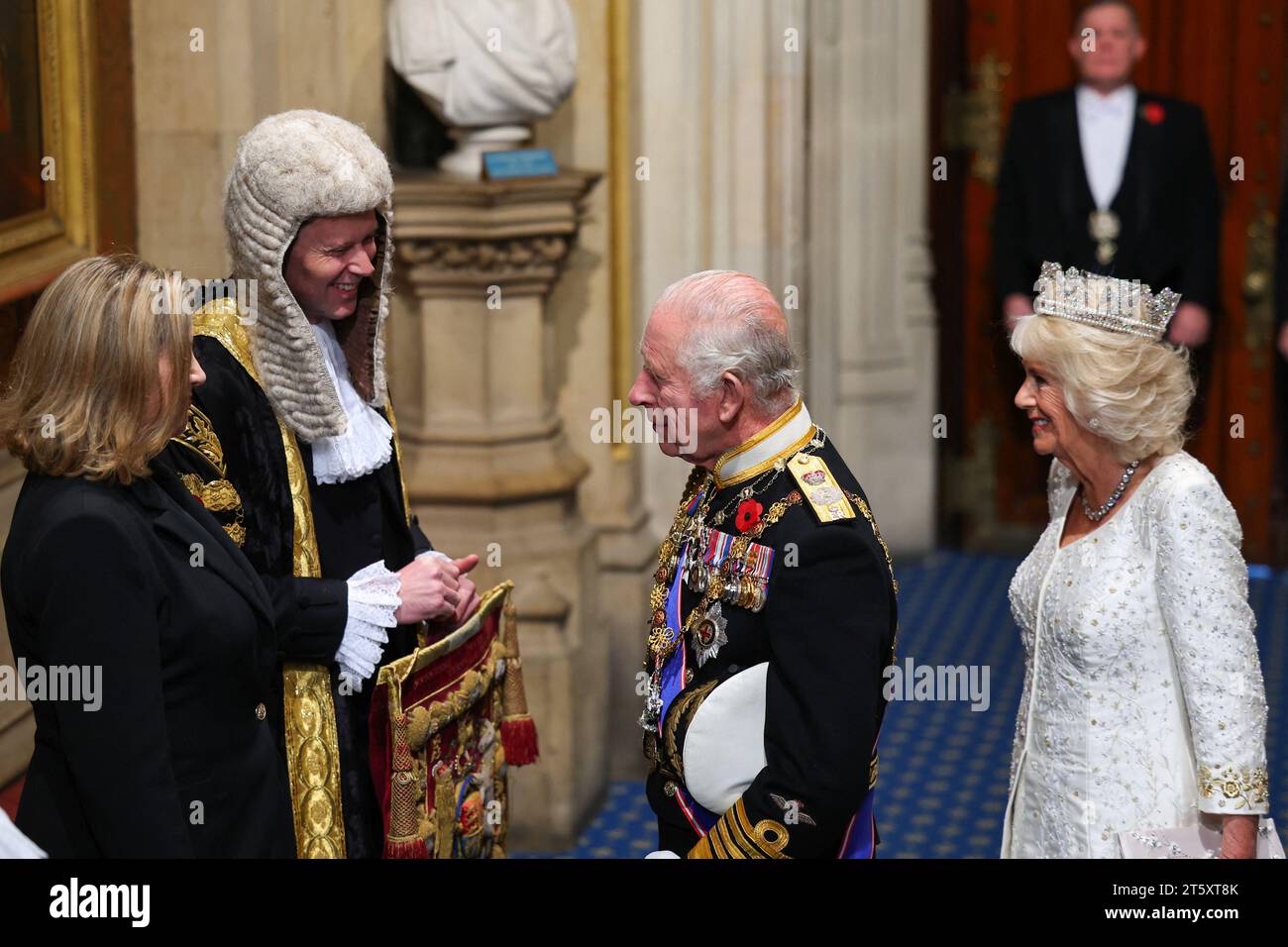 King Charles III and Queen Camilla speak with the Leader of the House of Commons, Penny Mordaunt ...