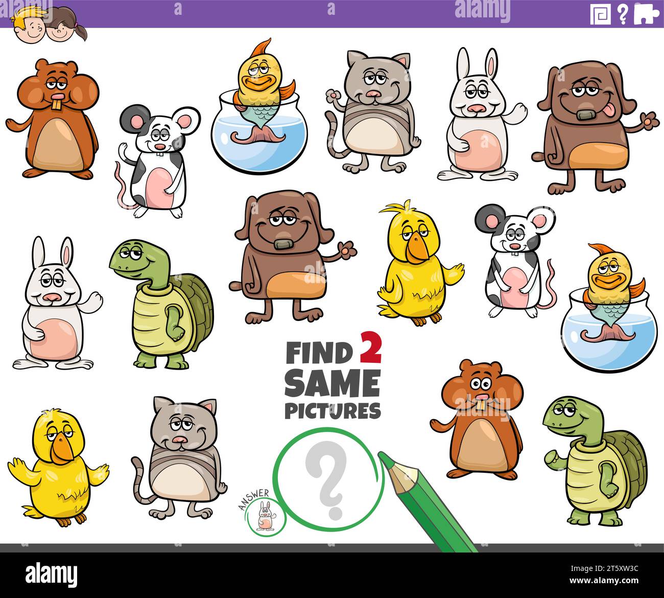 Cartoon illustration of finding two same pictures educational activity ...