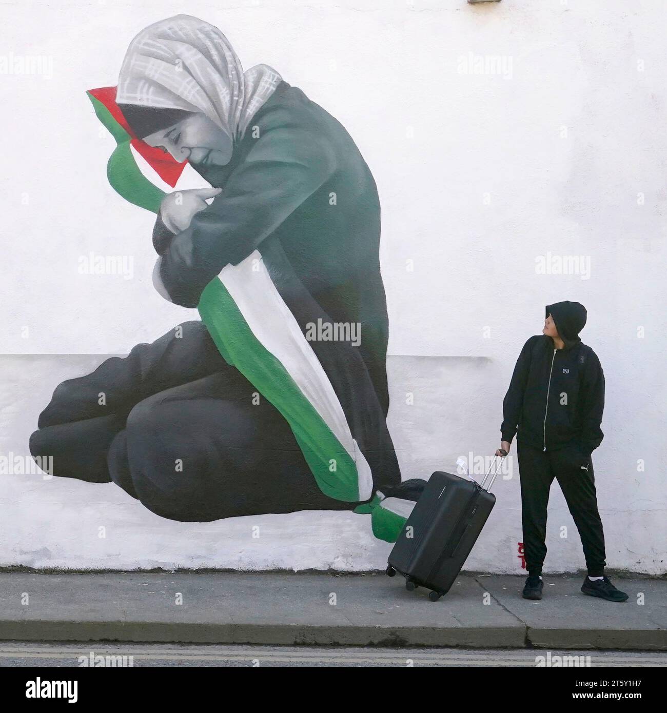 People stand beside a pro-Palestine mural by the artist Emmalene Blake ...