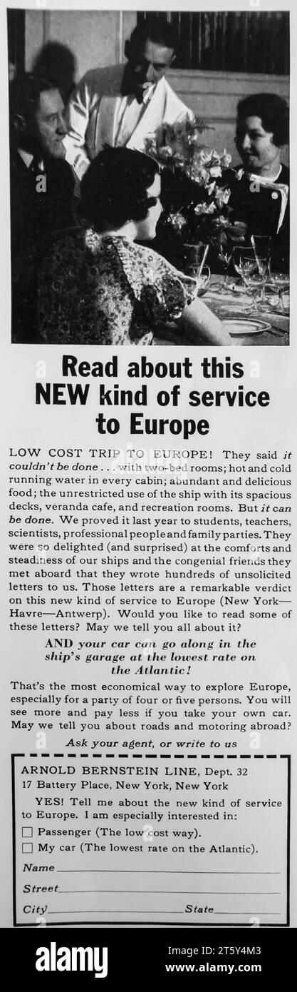 1934 Arnold Bernstein Line NY low cost trip to Europe ad Stock Photo ...