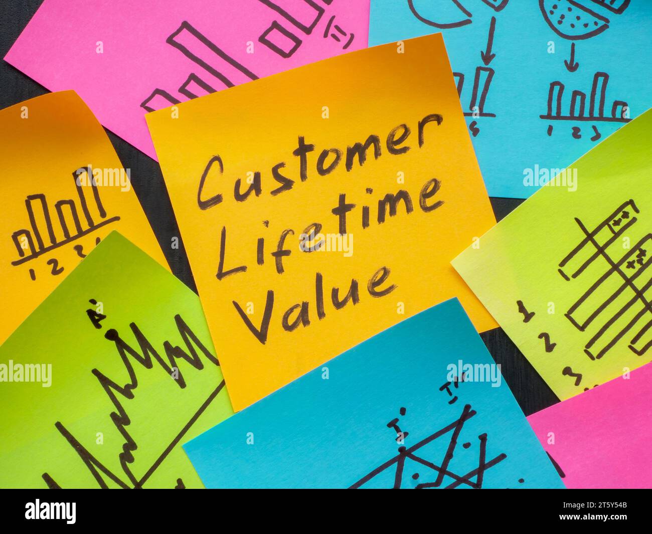 Customer lifetime value and charts with colorful memo sticks Stock ...