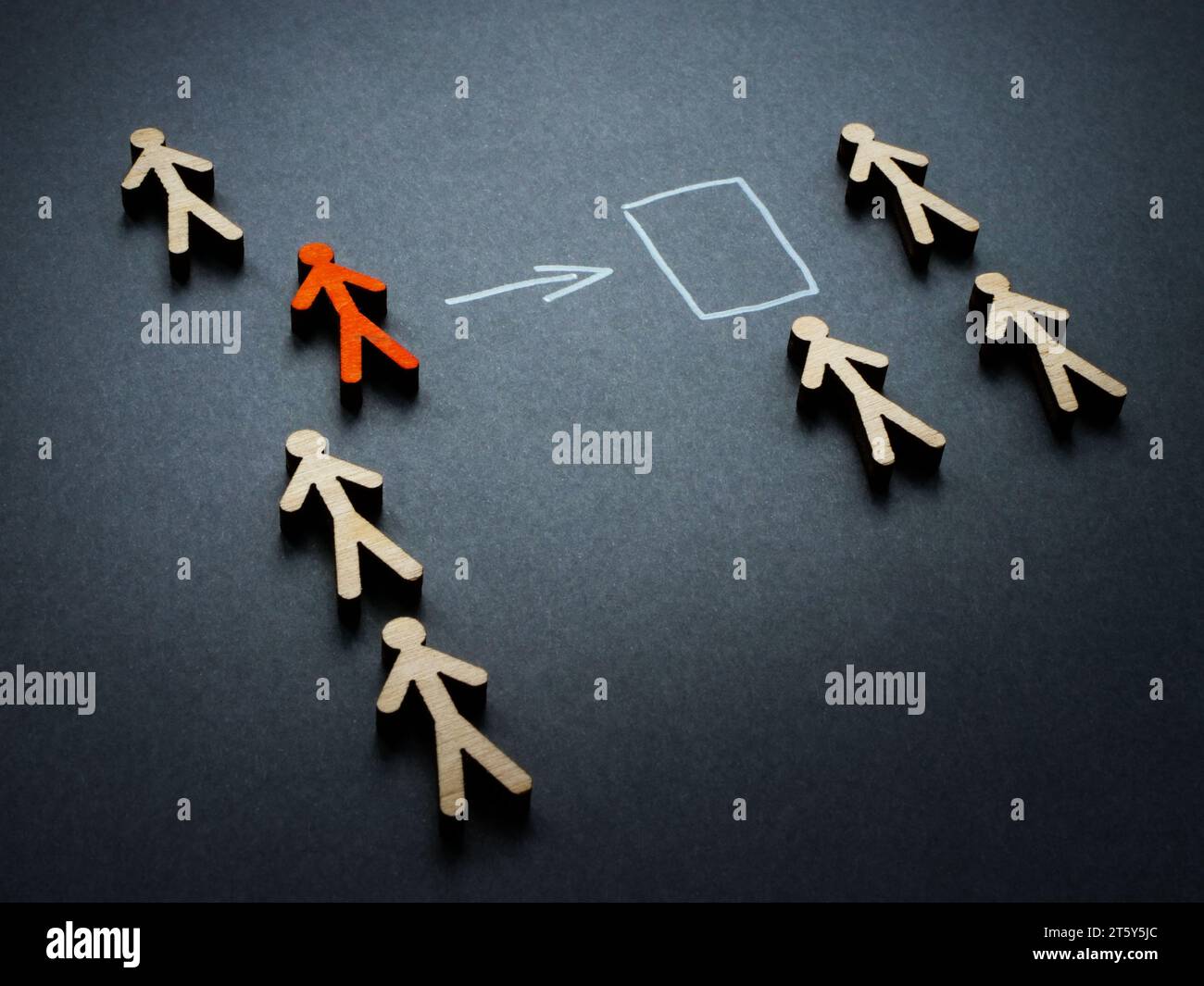 Employee transfer concept. Wooden figures with red one. Changing the ...