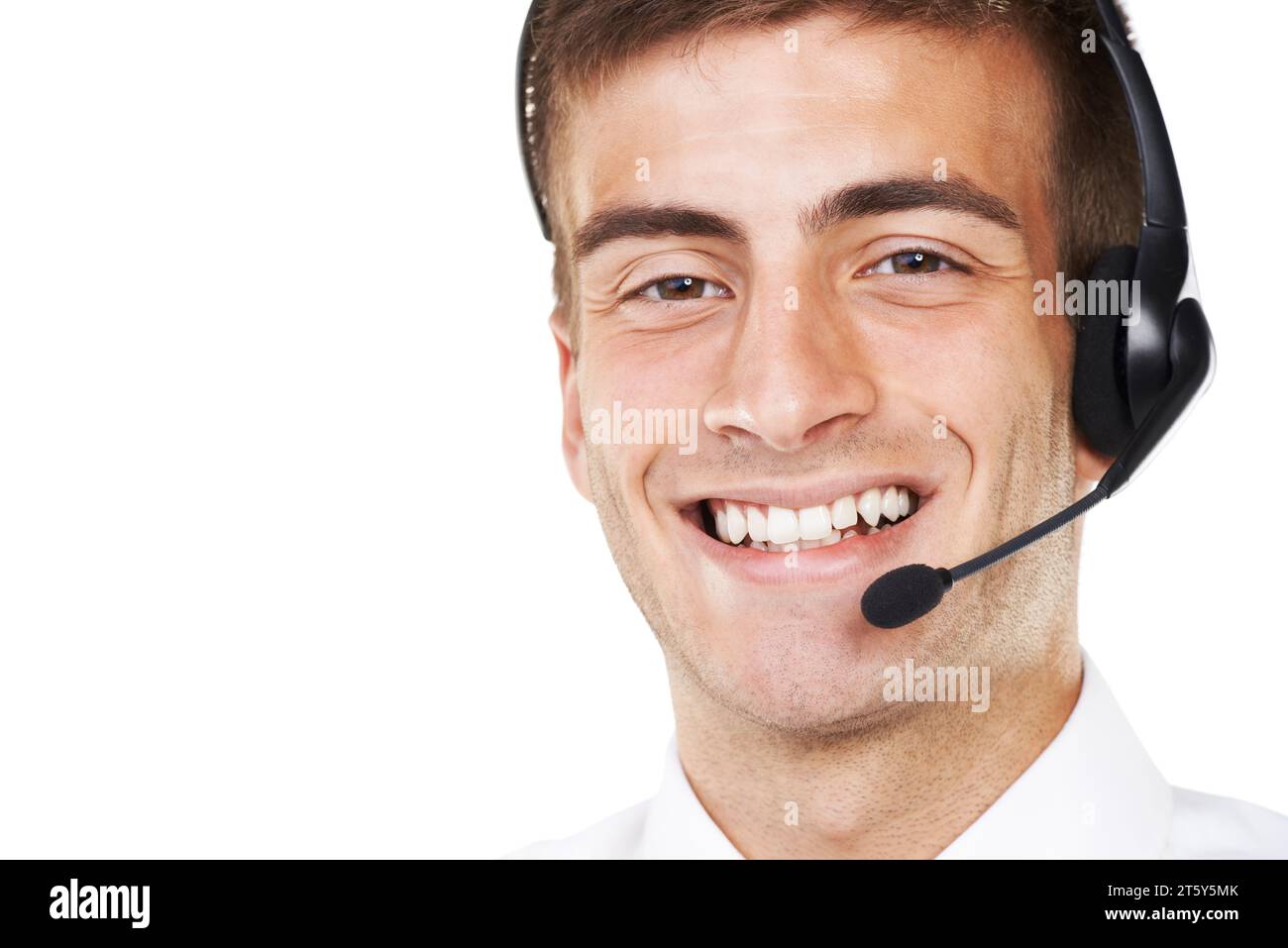 Call center, happy portrait and man with space for customer service ...