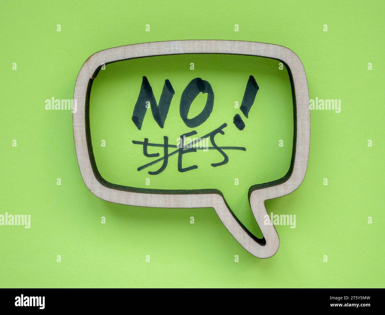 Learn to say no concept. Wooden speech bubble with and crossed out Yes ...