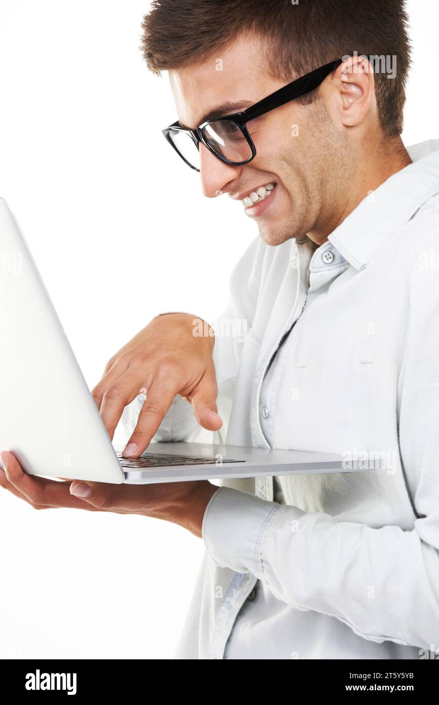 Nerd, business man typing on laptop and software isolated on a white ...