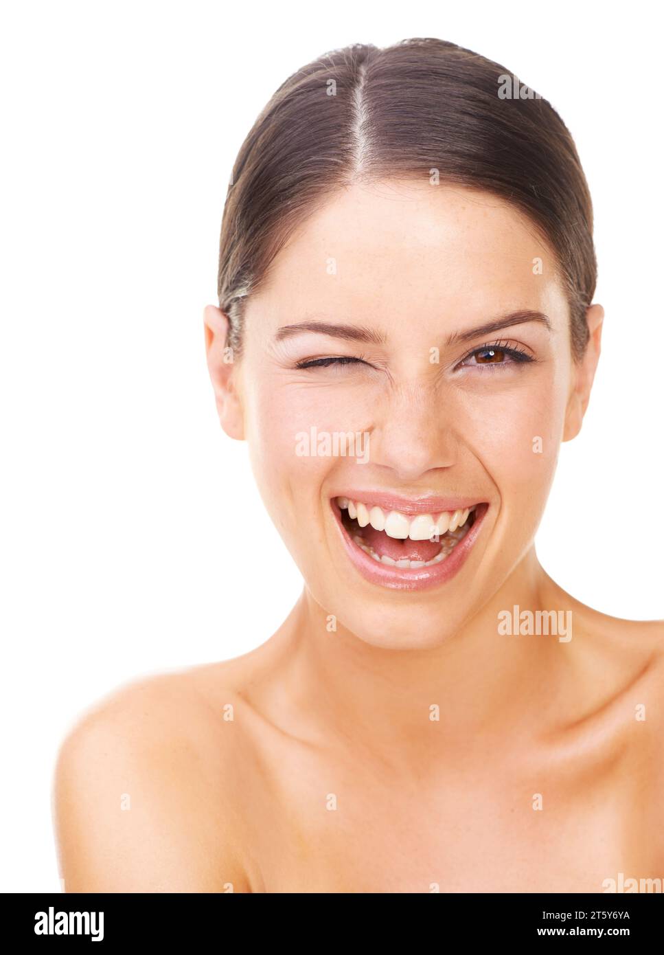 Happy woman, portrait and face with wink for skincare, makeup or beauty ...