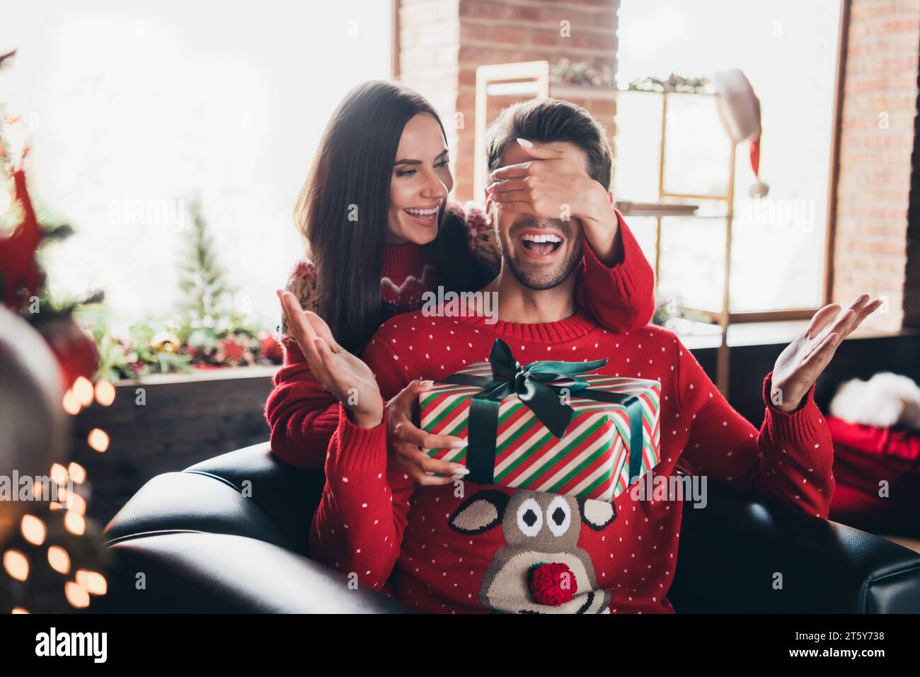 Photo of nice wife glad married spouses celebrate christmas time close ...